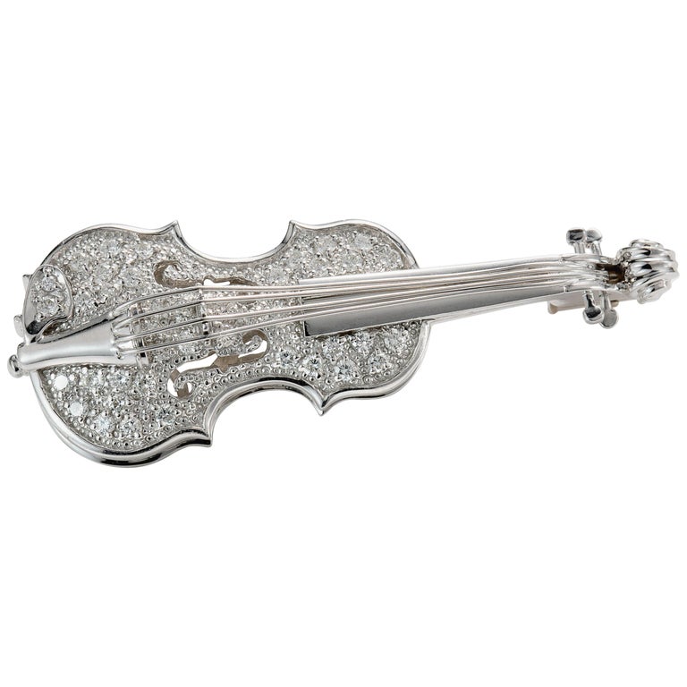 Diamond Violin Pin in 18 Karat Gold For Sale at 1stDibs