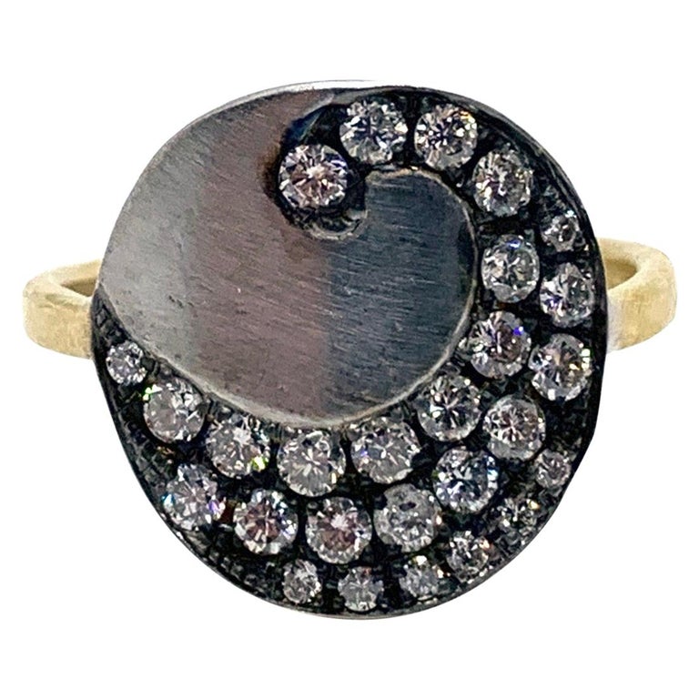 Diamond Wave Round Shield "Maverick's" Ring in White and Yellow Gold at ...