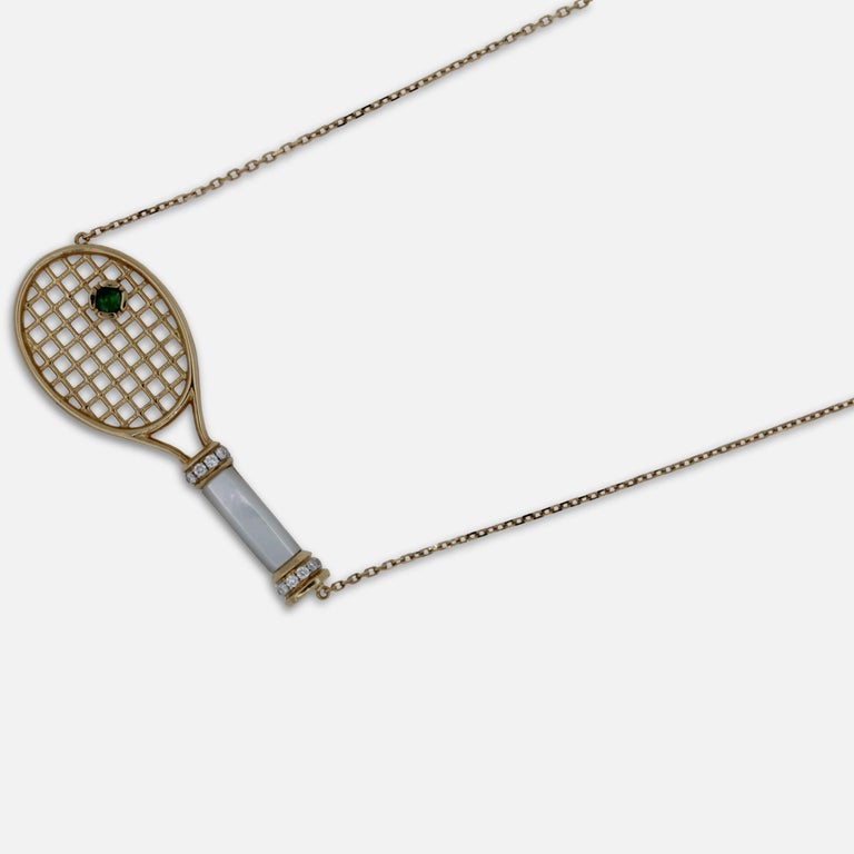 Diamond White Pearl Emerald 18 Karat Gold Tennis Racket Charm Pendant ...
