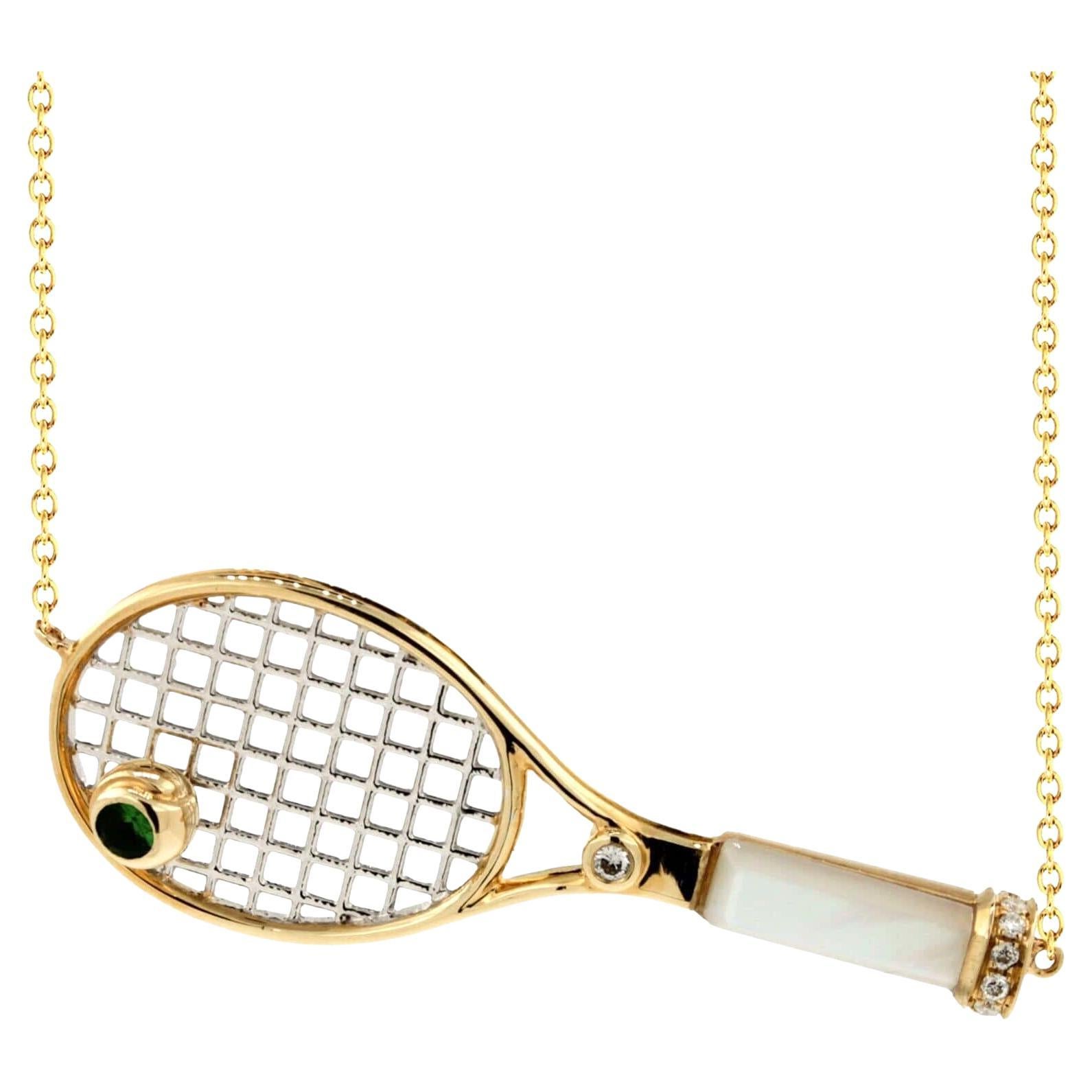 Diamond White Pearl Emerald 18 Karat Gold Tennis Racket Charm Pendant ...