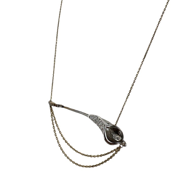 Diamond White and Yellow Gold Lily Flower Pendant Necklace Two Tone ...
