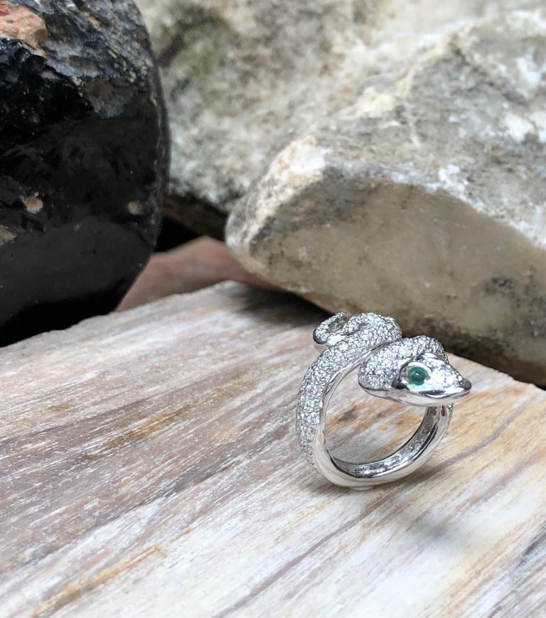Diamond with Cabochon Emerald Snake Ring Set in 18 Karat White Gold ...