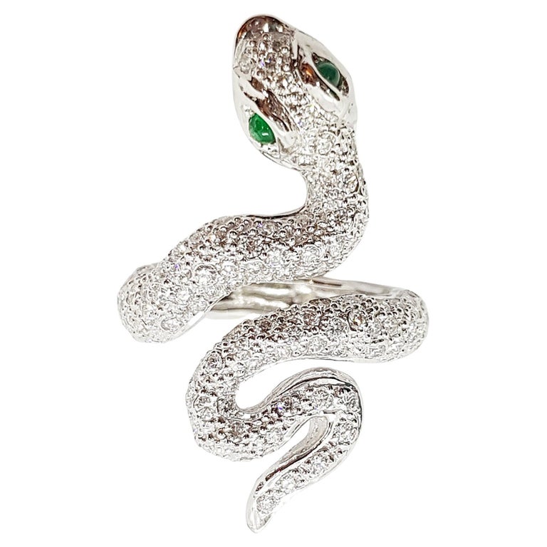 Diamond with Cabochon Emerald Snake Ring Set in 18 Karat White Gold ...
