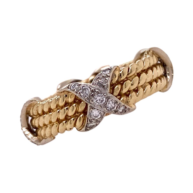 Diamond X Band Ring 14 Karat Two Tone Gold For Sale at 1stDibs