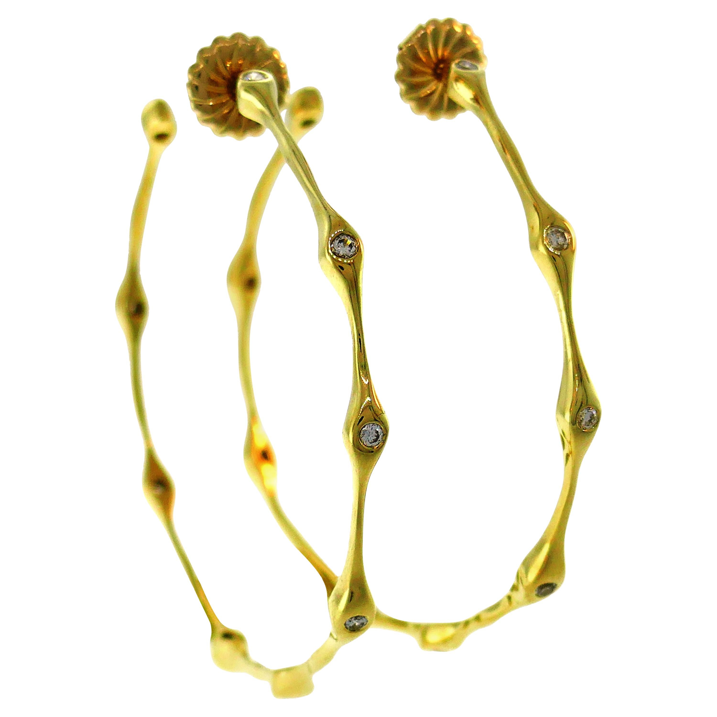 Diamond Yellow Gold Bamboo Hoop Earrings Signed SB For Sale at 1stDibs ...
