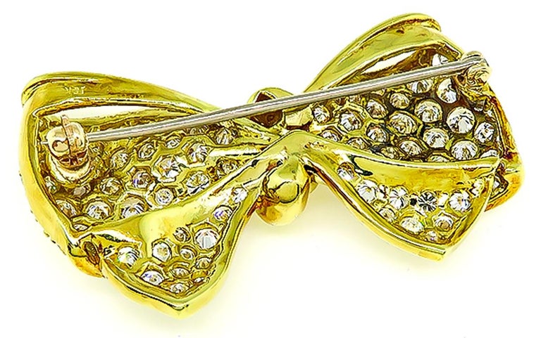 Diamond Yellow Gold Bow Pin For Sale at 1stDibs