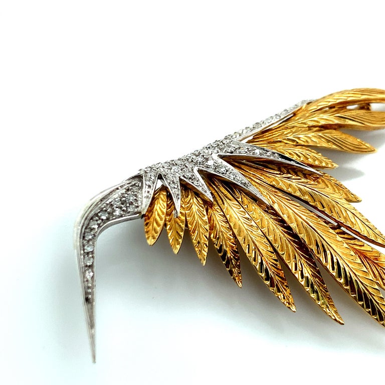 Diamond Yellow Gold Feathers Brooch For Sale at 1stDibs