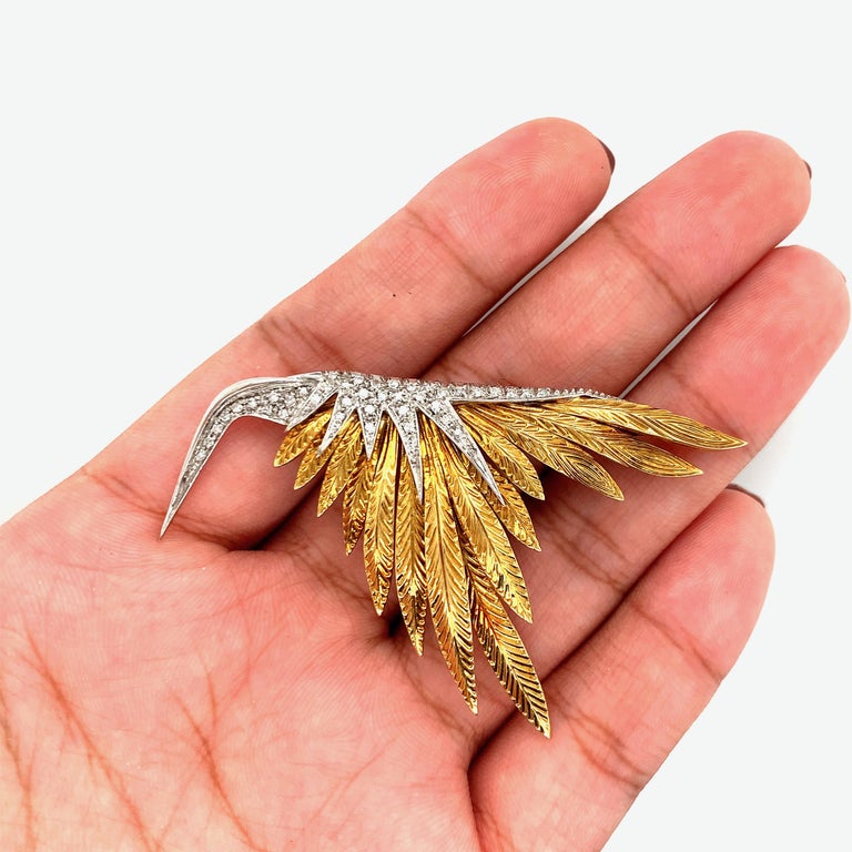 Diamond Yellow Gold Feathers Brooch For Sale at 1stDibs