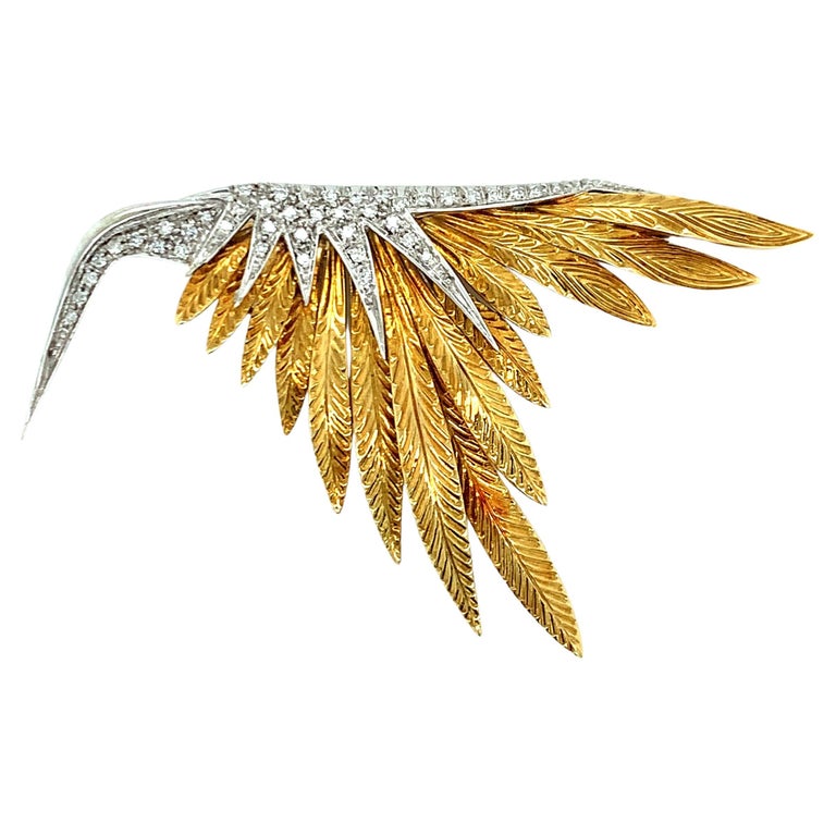 Diamond Yellow Gold Feathers Brooch For Sale at 1stDibs