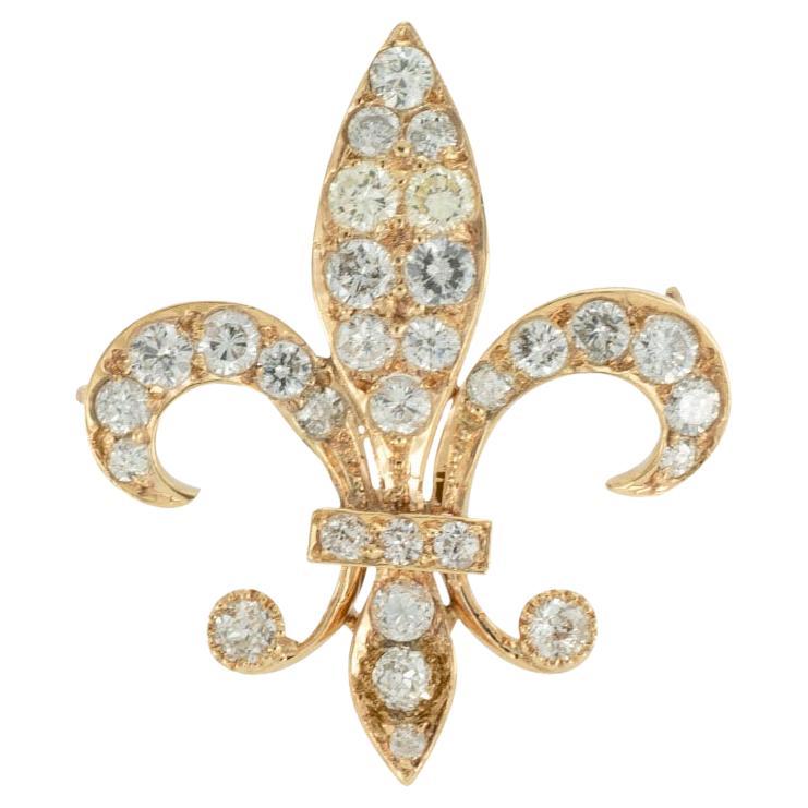 Diamond Yellow Gold Fleur de Lis Brooch For Sale at 1stDibs