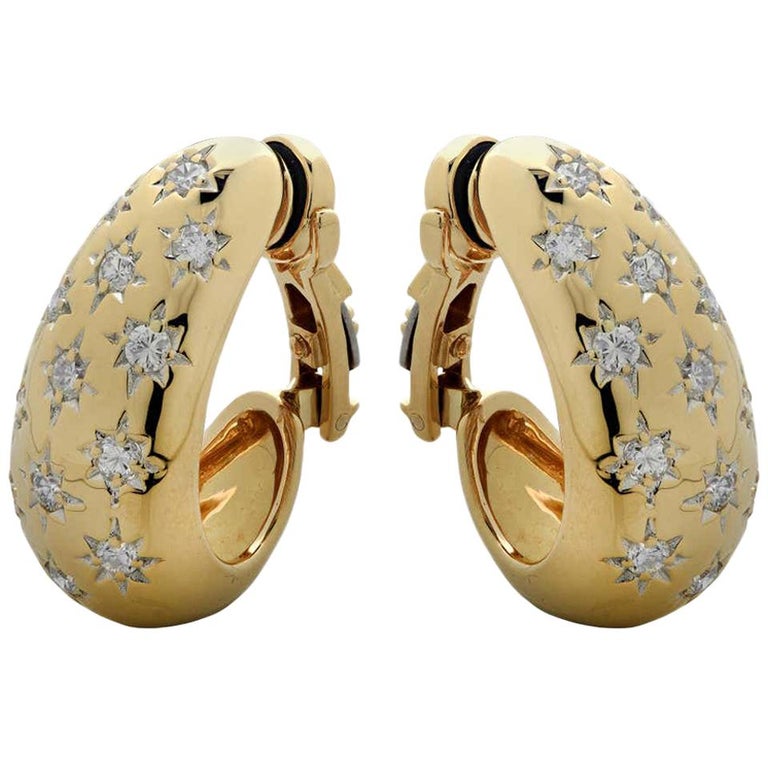 Diamond and Yellow Gold Half Hoop Ear Clips For Sale at 1stDibs