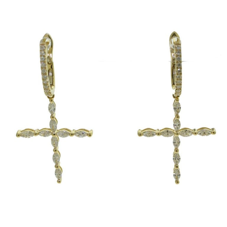 Diamond Yellow Gold Holy Religious Cross Drop Earrings For Sale at 1stDibs