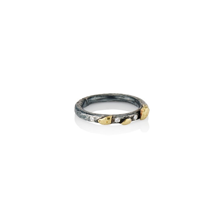Diamond, Yellow Gold, Oxidized Sterling Silver, Mixed Metal Stacking Band Ring at 1stDibs