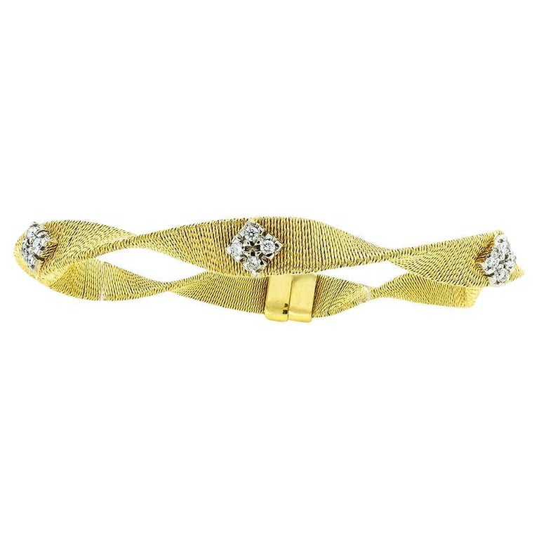 Diamond Yellow Gold Ribbon Bangle Bracelet For Sale at 1stDibs