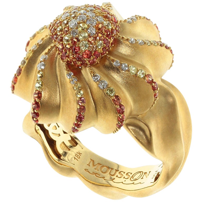 Bague cookie en or jaune 18 carats avec diamant, saphir jaune, saphir ...