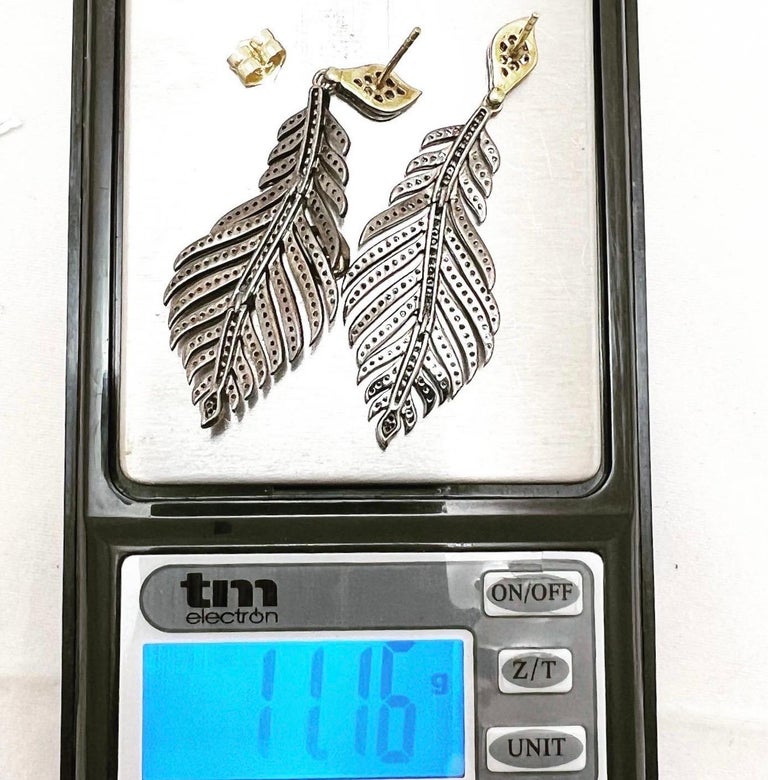 Diamonds 18k Yellow Gold Silver Stud Feather Long Earrings For Sale at ...