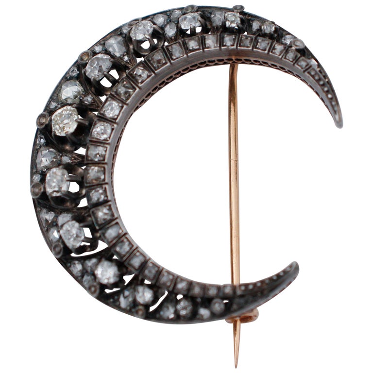 Diamonds, 19th Century 18 Karat and Silver Moon Shaped Brooch For Sale ...