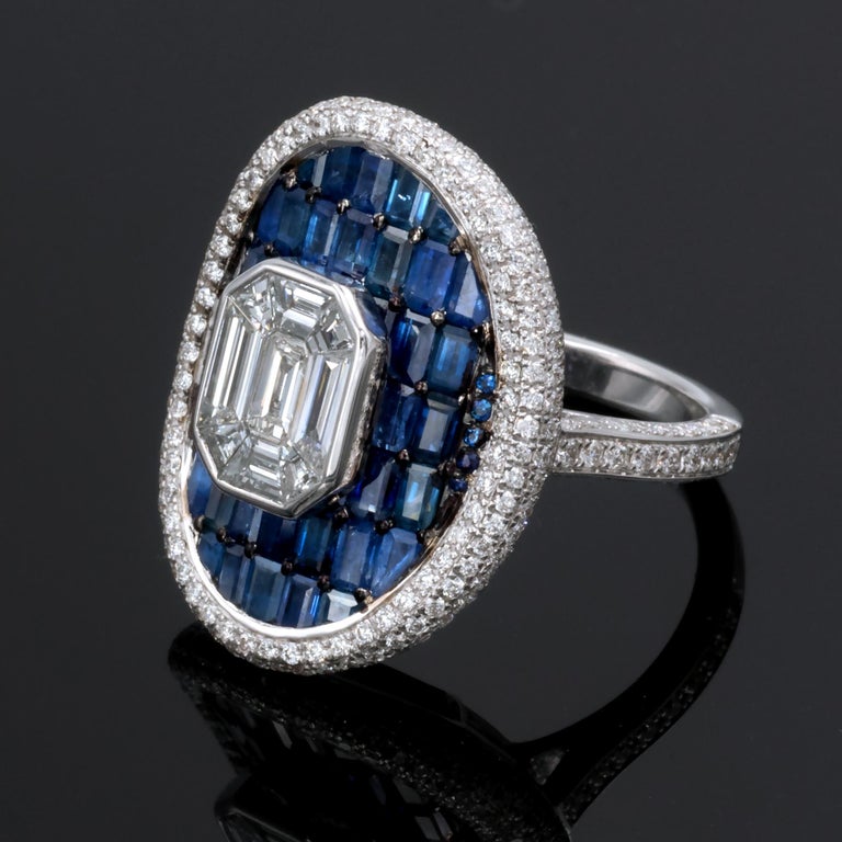 Diamonds and Sapphire 18kt White Gold illusion Ring For Sale at 1stDibs