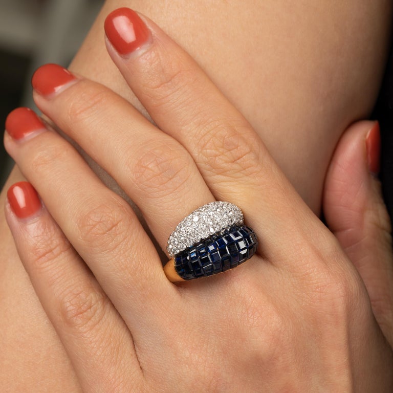 Diamonds and Invisible Setting Sapphires Vintage Ring For Sale at 1stDibs