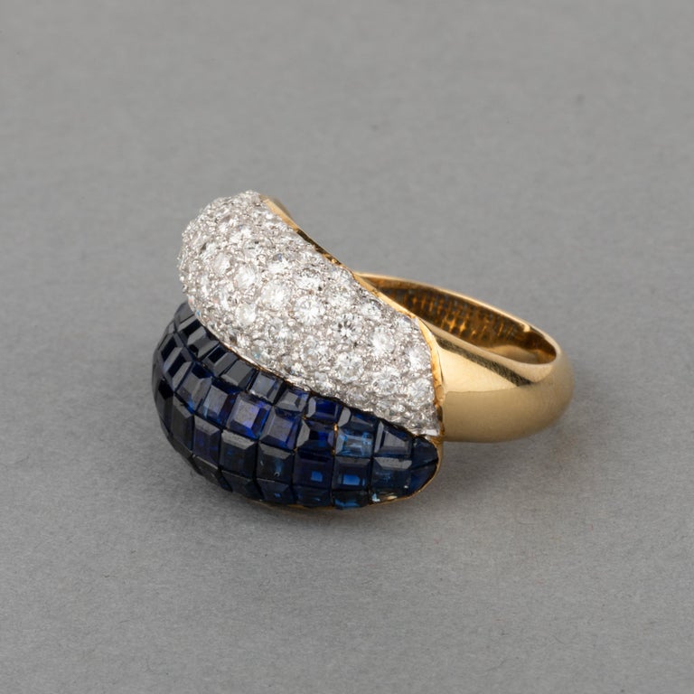 Diamonds and Invisible Setting Sapphires Vintage Ring For Sale at 1stDibs