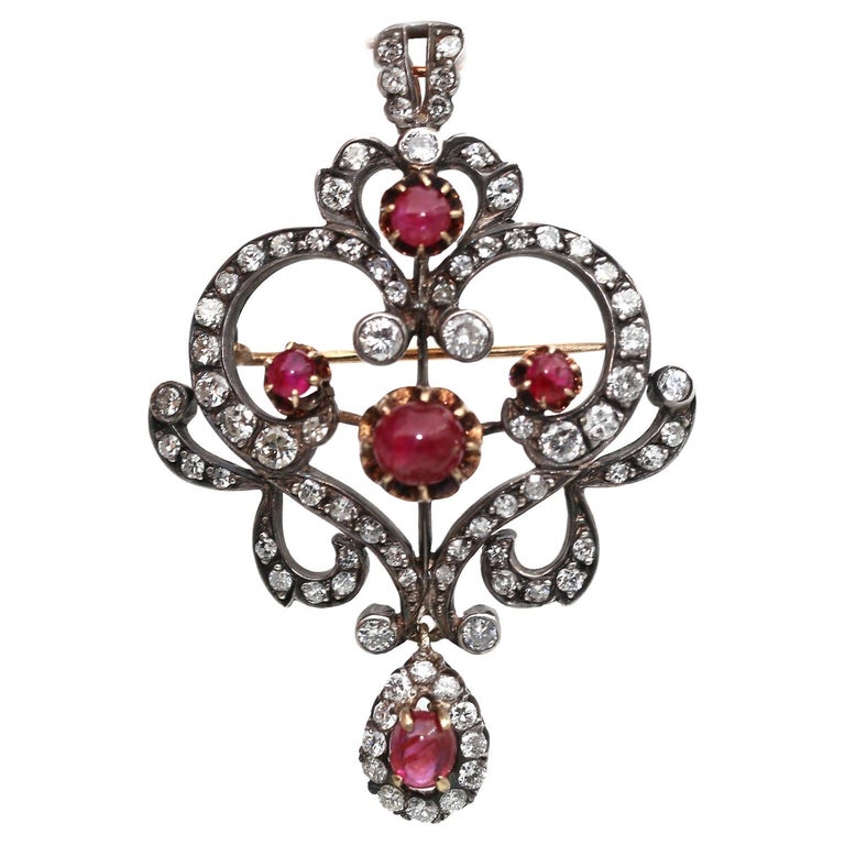 Diamonds Cabochon Rubies Pendant Brooch 14k, 1900 For Sale at 1stDibs