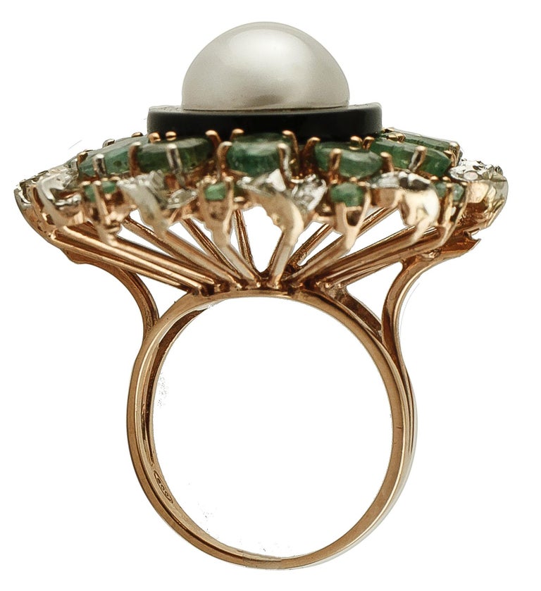 Diamonds, Emeralds, Onyx, Pearl, 9 Karat Rose Gold and Silver Ring For ...