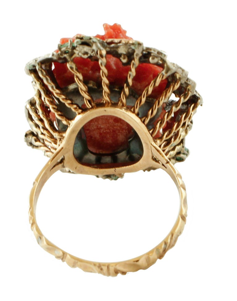 Diamonds, Emeralds, Red Hard Stone, 9 Karat Rose Gold and Silver Retrò ...