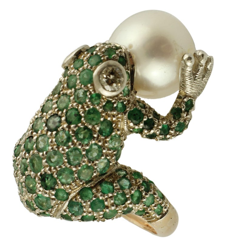 Diamonds, Emeralds, South Sea Pearl, 14 Karat Rose Gold and Silver Frog ...