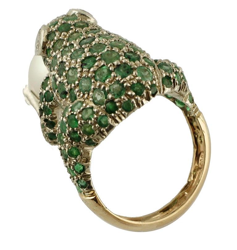 Diamonds, Emeralds, South Sea Pearl, 14 Karat Rose Gold and Silver Frog ...