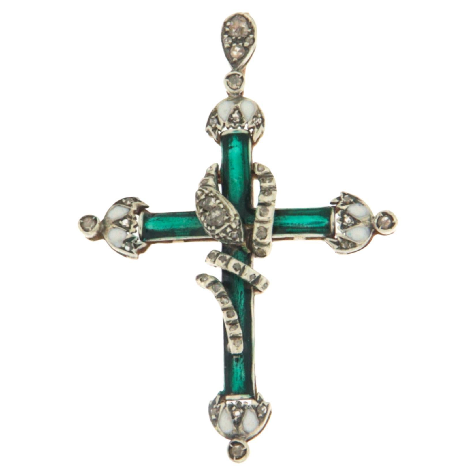 Diamonds Enamel 14 Karat Yellow Gold Cross Pendant Necklace at 1stDibs