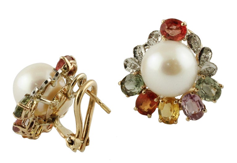 Diamonds Multi-Color Sapphires Pearls Rose Gold Earrings at 1stDibs