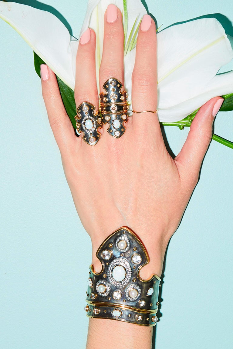 Opal, Topaz and Akoya Pearls Bouclier Cuff in 18k Yellow Gold by Elie ...