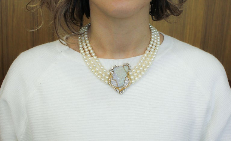 Diamonds, Opals, Akoya Pearls, 18 Karat Gold, Multi-Strands Beaded ...
