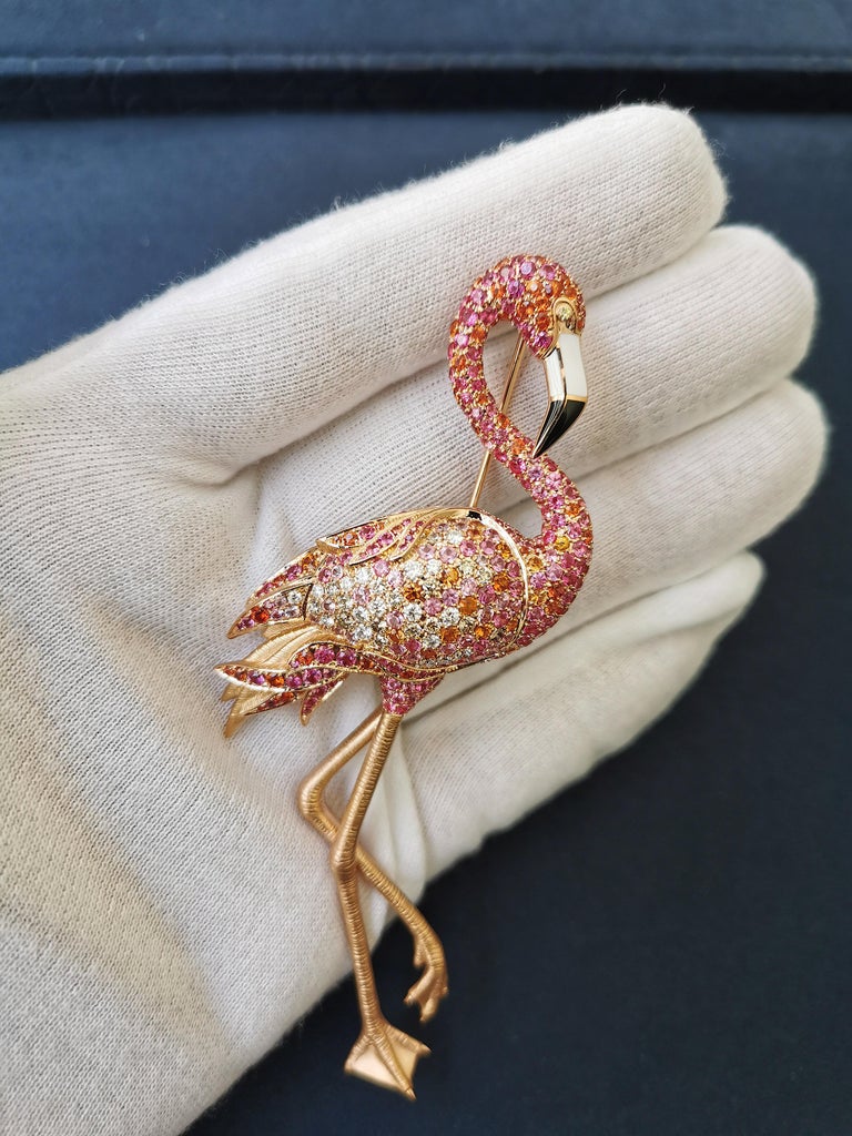 Diamonds Pink Orange Sapphires Enamel 18 Karat Rose Gold Flamingo ...