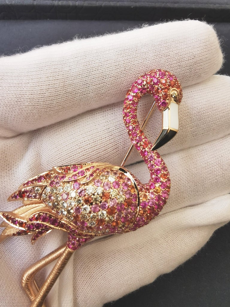 Diamonds Pink Orange Sapphires Enamel 18 Karat Rose Gold Flamingo ...