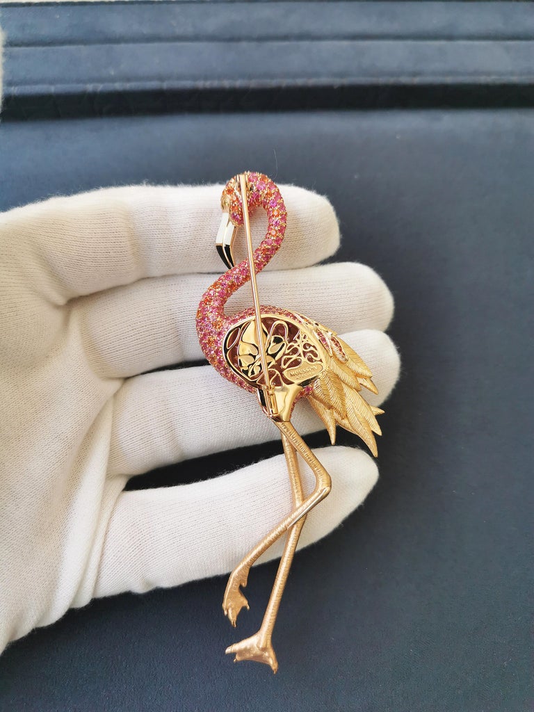 Diamonds Pink Orange Sapphires Enamel 18 Karat Rose Gold Flamingo ...