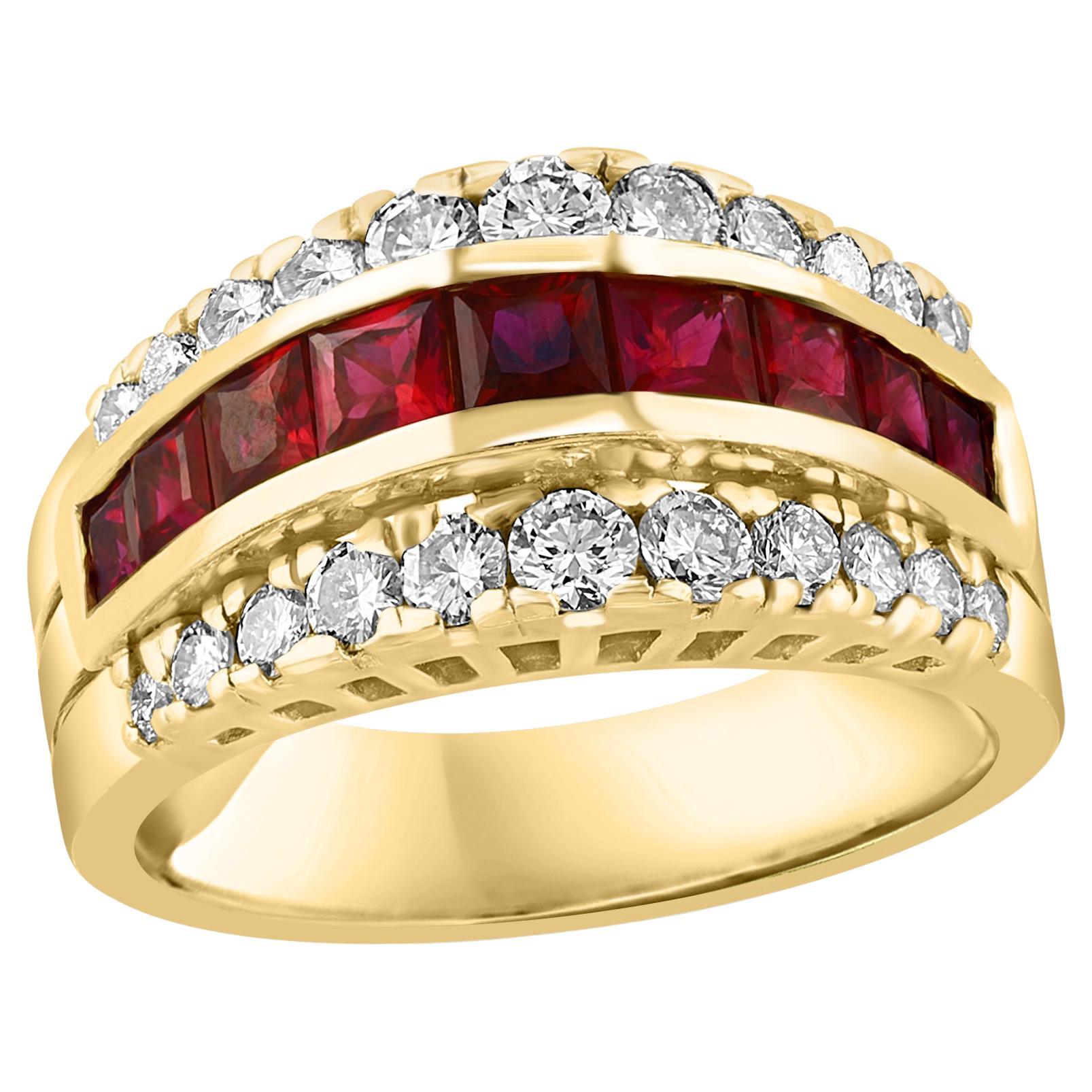 14 Karat Yellow Gold Ruby and Diamond Ring Princess Cut Invisible Set ...