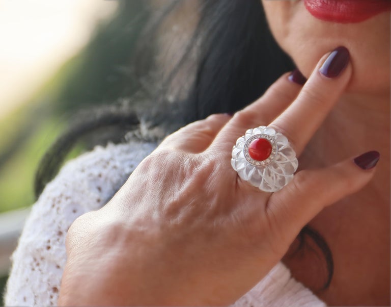 Diamonds Rock Crystal Coral 18 Karat White Gold Cocktail Ring For Sale ...