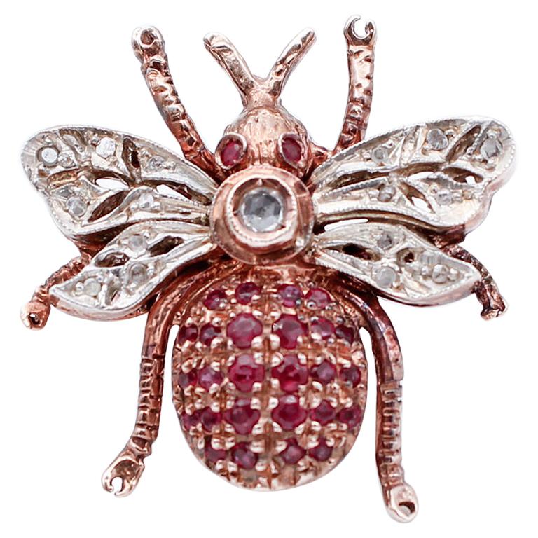 Diamonds, Rubies, 9 Karat Rose Gold and Silver Vintage Fly Shape Ring ...