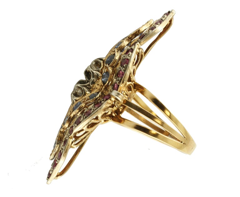 Diamonds, Rubies, Blue Sapphires, 9 Karat Rose Gold and Silver Retro ...