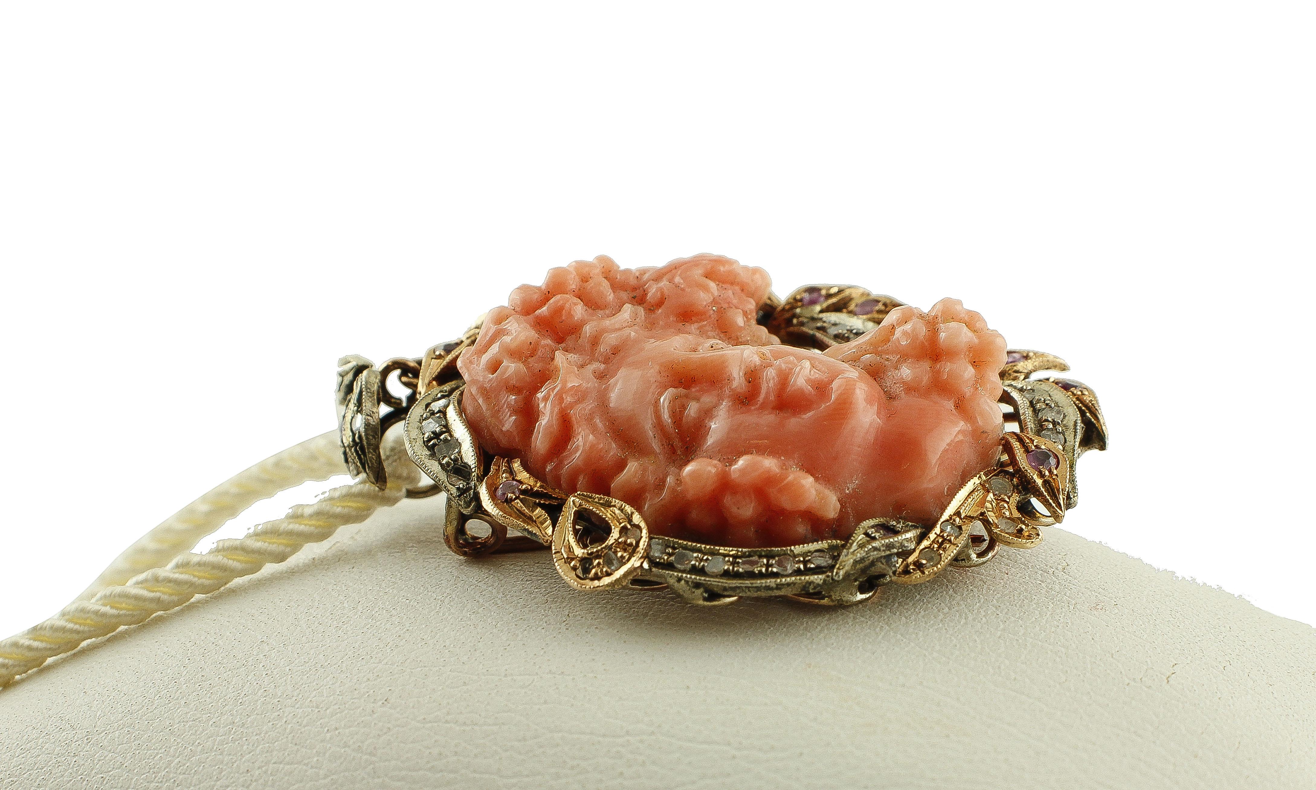 Diamonds, Rubies, Engraved Coral Rose Gold and Silver Retro Pendant ...
