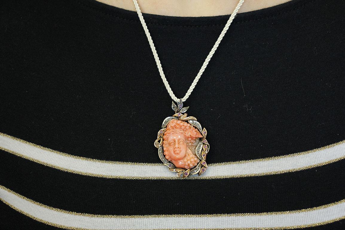 Diamonds, Rubies, Engraved Coral Rose Gold and Silver Retro Pendant ...