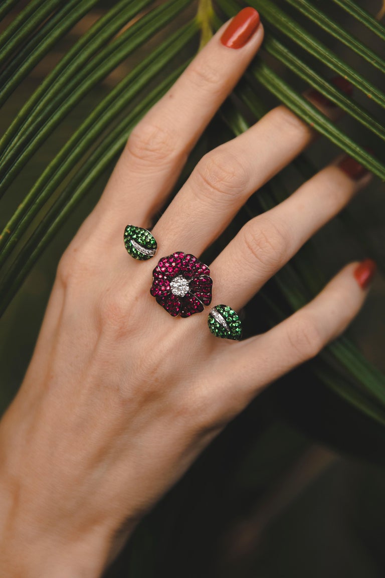 Two-Finger Ring Whimsical Diamonds Rubies Emerald Organic Floral White ...