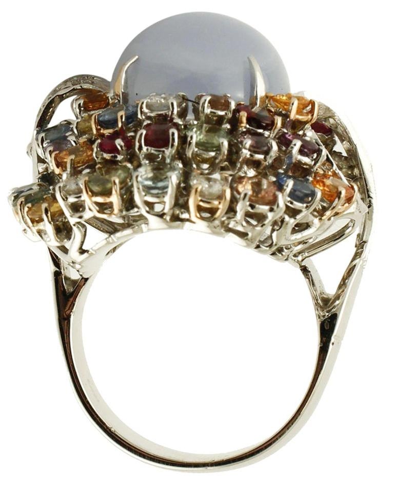 Diamonds, Rubies, Sapphires, Chalcedony, 14 Karat White Gold Cocktail ...