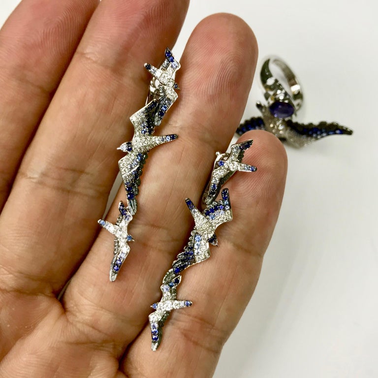Diamonds Sapphire 18 Karat White Gold Seagull Earrings For Sale at 1stDibs