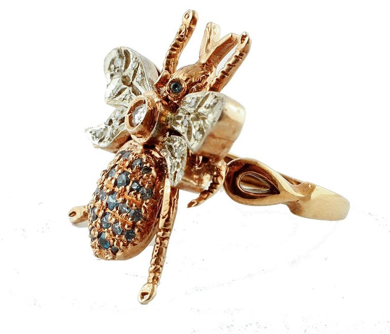 Diamonds, Sapphires, 9 Karat Rose Gold and Silver Vintage Fly Ring at ...