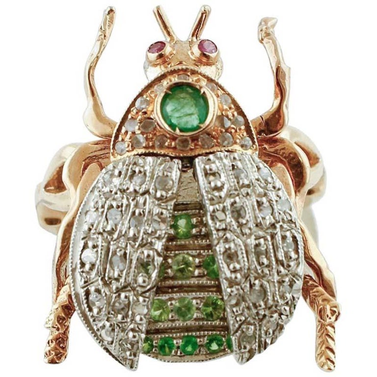 Diamonds, Tsavorite, Rubies, Emeralds, Rose Gold and Silver Beetle Ring For Sale at 1stDibs