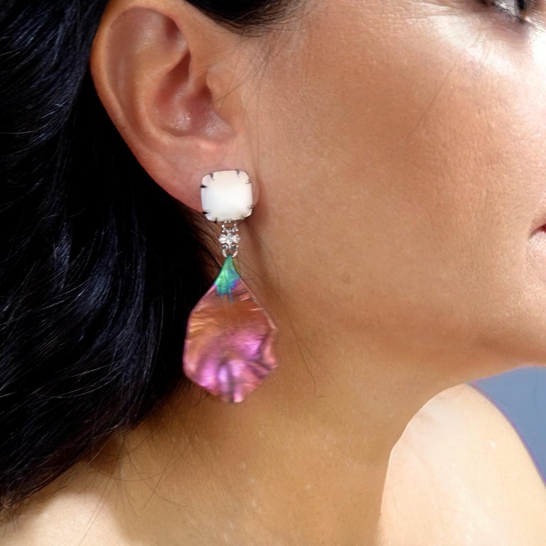 Diamonds White Opal 18 Karat White Gold Titanium Drop Earrings For Sale ...