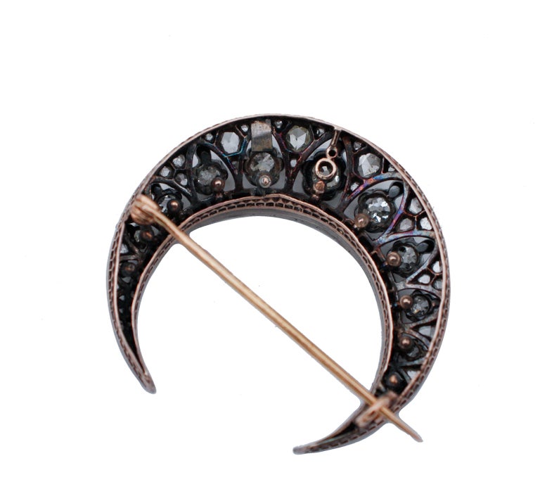 Diamonds, 19th Century 18 Karat and Silver Moon Shaped Brooch For Sale ...