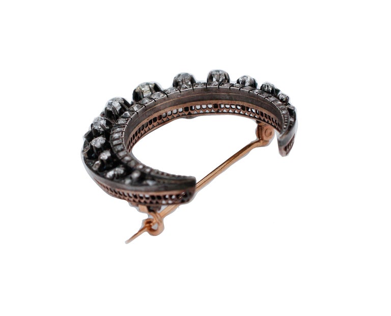 Diamonds, 19th Century 18 Karat and Silver Moon Shaped Brooch For Sale ...